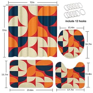 4 Pcs Shower Curtain Set Orange Circular Geometry Abstract Art Shower Curtain with Non-Slip Rugs,Toilet Lid Cover and Bath Mat,Bathroom Sets Decorations 72" x 72"