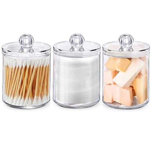 YUN-HL 3 Pack Apothecary Jars, Qtip Holder Dispenser for Cotton Ball Swab Round Pads Floss, Acrylic Cotton Swab Canister Holder, Bathroom Storage Organization Vanity Makeup Organizer