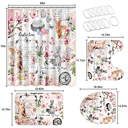 Easter Shower Curtain Sets with Non-Slip Bathroom Rugs, Toilet Lid Cover, Bath Mat, Spring Bunny and Butterfly Shower Curtain Sets with Hooks, Cute Easter Shower Curtains for Bathroom Decoration