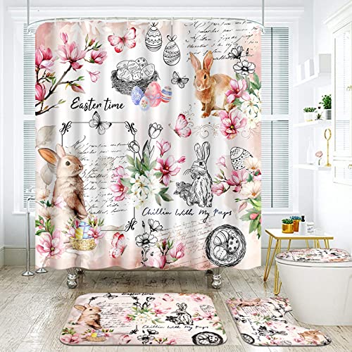 Easter Shower Curtain Sets with Non-Slip Bathroom Rugs, Toilet Lid Cover, Bath Mat, Spring Bunny and Butterfly Shower Curtain Sets with Hooks, Cute Easter Shower Curtains for Bathroom Decoration