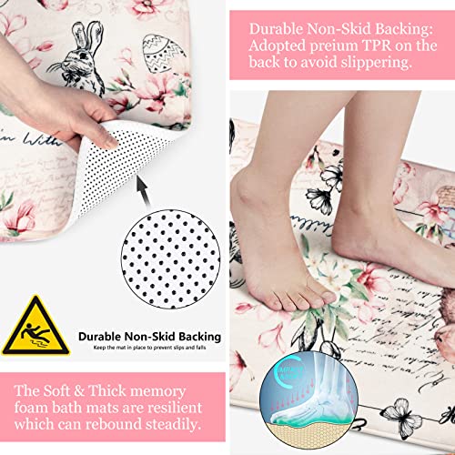 Easter Shower Curtain Sets with Non-Slip Bathroom Rugs, Toilet Lid Cover, Bath Mat, Spring Bunny and Butterfly Shower Curtain Sets with Hooks, Cute Easter Shower Curtains for Bathroom Decoration