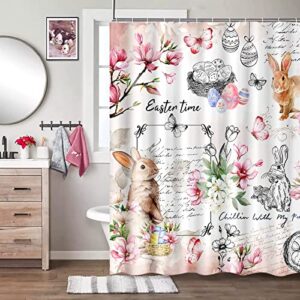 Easter Shower Curtain Sets with Non-Slip Bathroom Rugs, Toilet Lid Cover, Bath Mat, Spring Bunny and Butterfly Shower Curtain Sets with Hooks, Cute Easter Shower Curtains for Bathroom Decoration