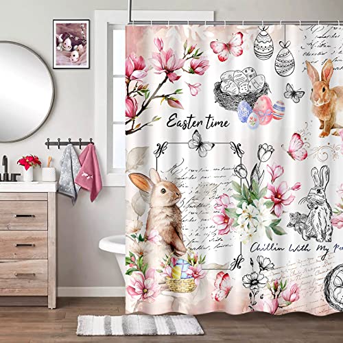 Easter Shower Curtain Sets with Non-Slip Bathroom Rugs, Toilet Lid Cover, Bath Mat, Spring Bunny and Butterfly Shower Curtain Sets with Hooks, Cute Easter Shower Curtains for Bathroom Decoration