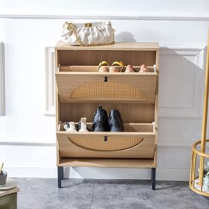 Shoe Storage Cabinet, Wekity Rattan Shoe Cabinet with 2 Flip Drawers, Narrow Free Standing Shoe Cabinet for Heels Slippers Boots, Wood Shoe Storage Organizer for Entryway Hallway 6X23X31 Inch (Nature)