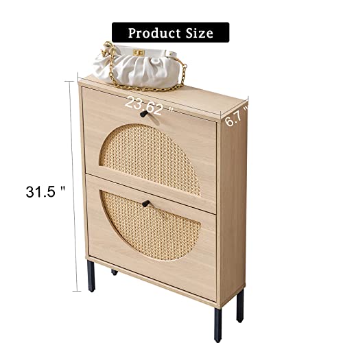 Shoe Storage Cabinet, Wekity Rattan Shoe Cabinet with 2 Flip Drawers, Narrow Free Standing Shoe Cabinet for Heels Slippers Boots, Wood Shoe Storage Organizer for Entryway Hallway 6X23X31 Inch (Nature)