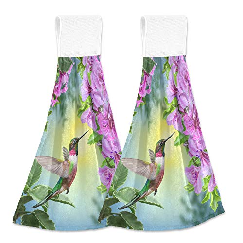 YYZZH Hummingbird Bird Pink Flower Green Leaves Floral Hibiscus Kitchen Hand Towels with Hook & Loop Set of 2 Absorbent Bath Hand Towel Hanging Tie Towel