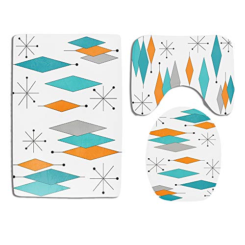 DZGlobal Mid Century Modern Bathroom Rugs Sets 3 Piece Turquoise Orange Diamond Bath Mat Non Slip U-Shaped Contour Mat Toilet Lid Cover Sets Home Decor Shower Accessories