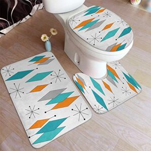 DZGlobal Mid Century Modern Bathroom Rugs Sets 3 Piece Turquoise Orange Diamond Bath Mat Non Slip U-Shaped Contour Mat Toilet Lid Cover Sets Home Decor Shower Accessories