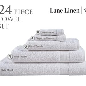 LANE LINEN White Bath Towels for Bathroom Set-24 PC Bathroom Oversize 2 Sheets Large 4 Towel 6 Hand 8 Washcloths Fingertip Towels-White Towels Sets