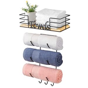 towel racks for bathroom, towel holder wall mounted for small bathroom wall, roll towel rack with 3 towel hooks and wooden shelf, drilling and no-drill installation options available, black