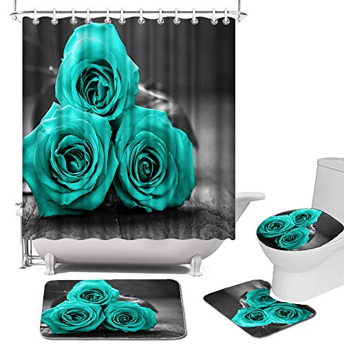 AtGoWac 4 Pieces Flower Shower Curtain Sets with Rugs, Teal Blue and Grey Rose Flower Shower Curtain and Flower Bath Mat, Set of 4 Piece