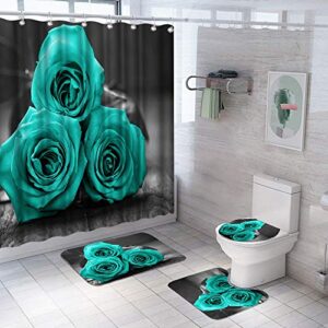 AtGoWac 4 Pieces Flower Shower Curtain Sets with Rugs, Teal Blue and Grey Rose Flower Shower Curtain and Flower Bath Mat, Set of 4 Piece