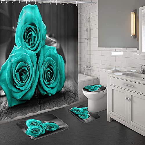 AtGoWac 4 Pieces Flower Shower Curtain Sets with Rugs, Teal Blue and Grey Rose Flower Shower Curtain and Flower Bath Mat, Set of 4 Piece