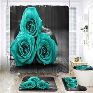 AtGoWac 4 Pieces Flower Shower Curtain Sets with Rugs, Teal Blue and Grey Rose Flower Shower Curtain and Flower Bath Mat, Set of 4 Piece