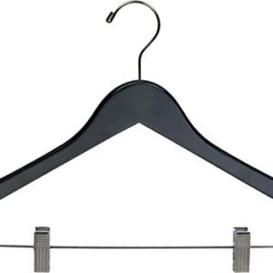 Black Wooden Combo Hangers with Adjustable Cushion Clips, Space Saving Flat 17 Inch Hanger with Chrome Swivel Hook & Notches (Set of 25) by The Great American Hanger Company