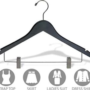 Black Wooden Combo Hangers with Adjustable Cushion Clips, Space Saving Flat 17 Inch Hanger with Chrome Swivel Hook & Notches (Set of 25) by The Great American Hanger Company