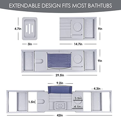 Foldable Bathtub Caddy Tray, Bamboo Bath Tub Tray Table for Tub with Wine Glass Holder Book Phone Tablet Holder with Extending Sides, Adjustable Bathroom Bathtub Free Soap Holder Gift Idea (Grey)