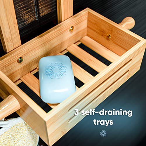 3 Tray Bamboo Shower Caddy, The Perfect Over Shower Head Or Over Door Shower Caddy. Unique Among Shower Caddies, It Comes With An Additional Hook, Allowing It To Be Hung Anywhere In Your Shower