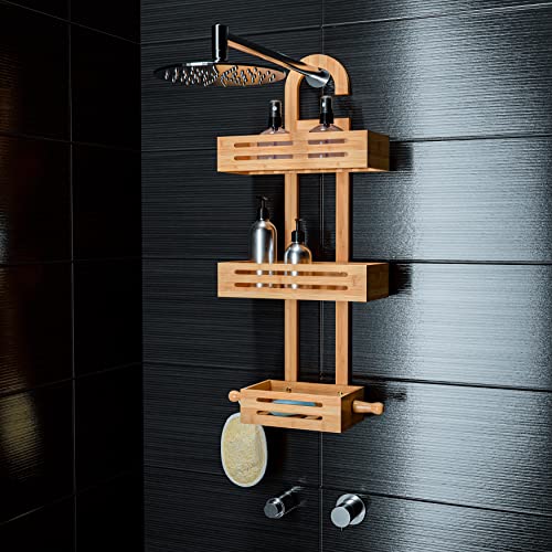 3 Tray Bamboo Shower Caddy, The Perfect Over Shower Head Or Over Door Shower Caddy. Unique Among Shower Caddies, It Comes With An Additional Hook, Allowing It To Be Hung Anywhere In Your Shower