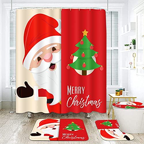 Britimes Christmas Shower Curtain 4 Pcs Sets, Non-Slip Rug, Bath Mat and Toilet Lid Cover, Santa Claus Bathroom Decor with 12 Hooks