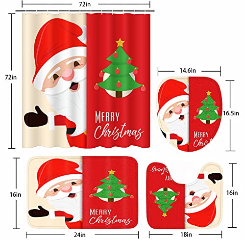 Britimes Christmas Shower Curtain 4 Pcs Sets, Non-Slip Rug, Bath Mat and Toilet Lid Cover, Santa Claus Bathroom Decor with 12 Hooks