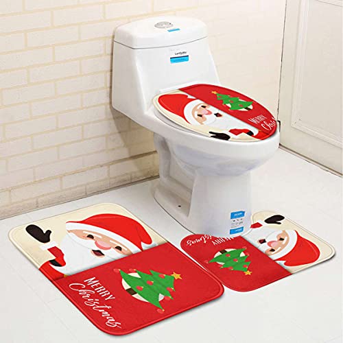 Britimes Christmas Shower Curtain 4 Pcs Sets, Non-Slip Rug, Bath Mat and Toilet Lid Cover, Santa Claus Bathroom Decor with 12 Hooks