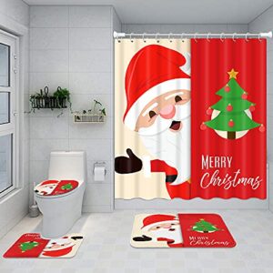 Britimes Christmas Shower Curtain 4 Pcs Sets, Non-Slip Rug, Bath Mat and Toilet Lid Cover, Santa Claus Bathroom Decor with 12 Hooks