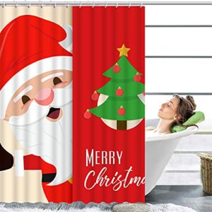 Britimes Christmas Shower Curtain 4 Pcs Sets, Non-Slip Rug, Bath Mat and Toilet Lid Cover, Santa Claus Bathroom Decor with 12 Hooks