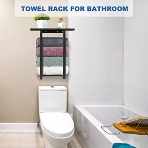 Wellsign Towel Racks for Bathroom Wall Mounted, Metal Towel Holders with Black Wooden Shelf, Rolled Bath Towel and Hand Towels Holder Storage and Organization for Bathroom, Rv, Camper