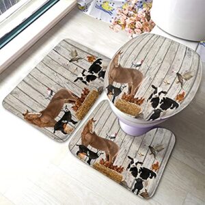 wondertify wooden wall bathroom antiskid pad farm little animals horse cow 3 pieces bathroom rugs set, bath mat+contour+toilet lid cover