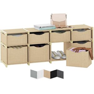 closet organizer and storage unit. includes 8 fabric storage bins. diy organizer shelf for clothes, toys, underhanging closet storage. used in closet, hallway and bedroom. (beige)