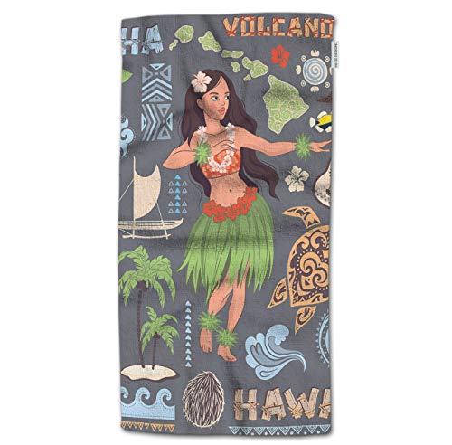 HGOD DESIGNS Hand Towel Hawaii,Vintage Set of Hawaiian Icons and Symbols Girl Guitar Volcanic Hand Towel Best for Bathroom Kitchen Bath and Hand Towels 30" Lx15 W