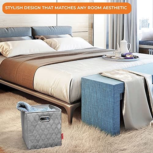 JIAessentials 11 inch Gray Foldable Diamond Patterned Faux Leather Storage Cube Bins Set of Two with Handles for living room, bedroom and office storage