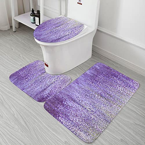 Habilboi Bath Mat Set 3 Pieces Bathroom Mat Field of Floral Spring Purple Flowers 16x24inch Non-Slip Bathroom Decor Doormat Runner Rugs, U-Shaped Toilet Floor Mats, Toilet Seat Cover