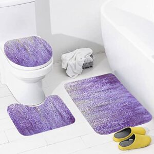 Habilboi Bath Mat Set 3 Pieces Bathroom Mat Field of Floral Spring Purple Flowers 16x24inch Non-Slip Bathroom Decor Doormat Runner Rugs, U-Shaped Toilet Floor Mats, Toilet Seat Cover