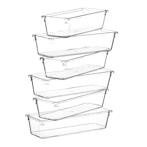 Clear Plastic Drawer Organizers Set, Organizer Trays for Kitchen Drawers Set of 6, Vanity Organizer for Bathroom, Makeup, Kitchen Utensils and Office, 9 x 3 x 2In