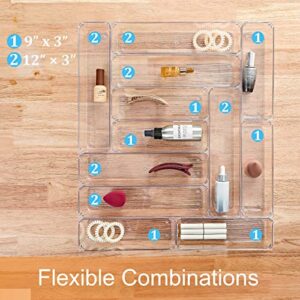 Clear Plastic Drawer Organizers Set, Organizer Trays for Kitchen Drawers Set of 6, Vanity Organizer for Bathroom, Makeup, Kitchen Utensils and Office, 9 x 3 x 2In