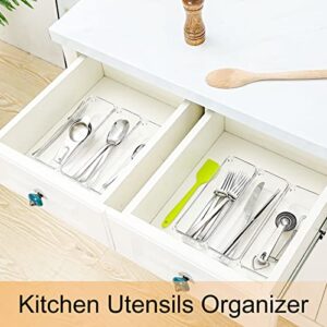 Clear Plastic Drawer Organizers Set, Organizer Trays for Kitchen Drawers Set of 6, Vanity Organizer for Bathroom, Makeup, Kitchen Utensils and Office, 9 x 3 x 2In