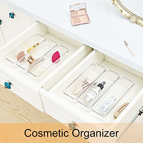 Clear Plastic Drawer Organizers Set, Organizer Trays for Kitchen Drawers Set of 6, Vanity Organizer for Bathroom, Makeup, Kitchen Utensils and Office, 9 x 3 x 2In