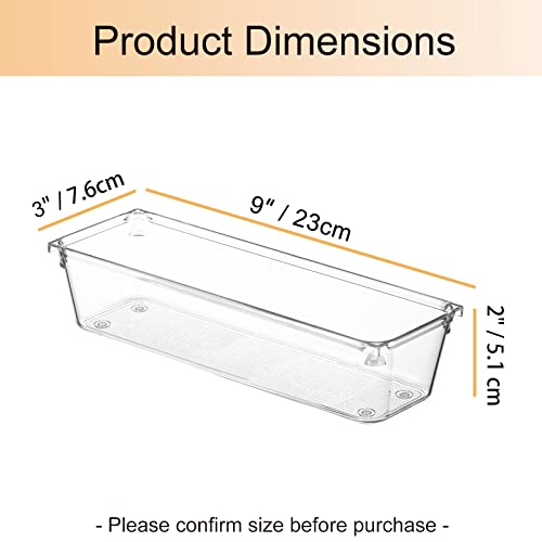 Clear Plastic Drawer Organizers Set, Organizer Trays for Kitchen Drawers Set of 6, Vanity Organizer for Bathroom, Makeup, Kitchen Utensils and Office, 9 x 3 x 2In