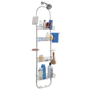 mdesign metal bathroom shower caddy station for shampoo, conditioner, hand soap - accessory hook and towel bar - 4 shelf format, brushed stainless steel