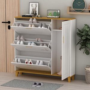 aiegle shoe cabinet with 3 flip drawers & locker, floor shoe storage organizer wood shoe rack for entryway halloway living room, white (3 flip drawers & locker)