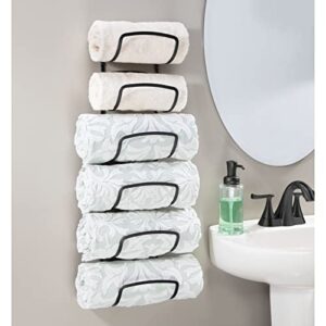 mDesign Steel Towel Holder for Bathroom Wall - Wall Mounted Organizer for Rolled Towels and Bath Robes - Six Level Wall Mount Towel Storage Rack - Bathroom Towel Organizer - Hyde Collection - Black