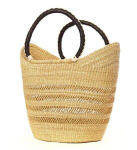 large dye free yikene shopper -ghana bolga basket fair trade - 16"-19" across - black & tan handles