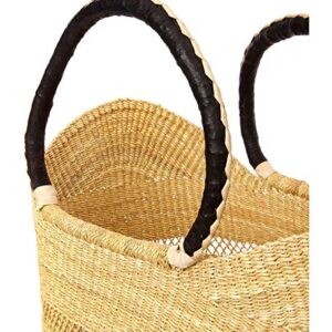 Large Dye Free Yikene Shopper -Ghana Bolga Basket Fair Trade - 16"-19" Across - Black & Tan Handles