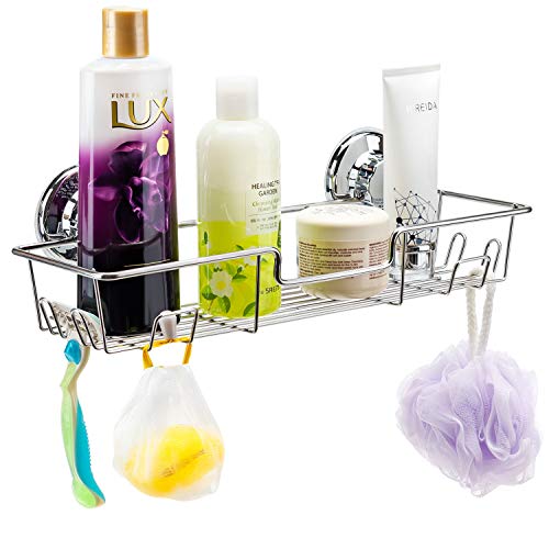 iPEGTOP L-4C Strong Suction Cup Adhesive Shower Caddy Bath Shelf Storage with 4 Side Hooks, Combo Organizer Basket for Shampoo, Conditioner, Soap, Razor Bathroom Accessories, Chrome