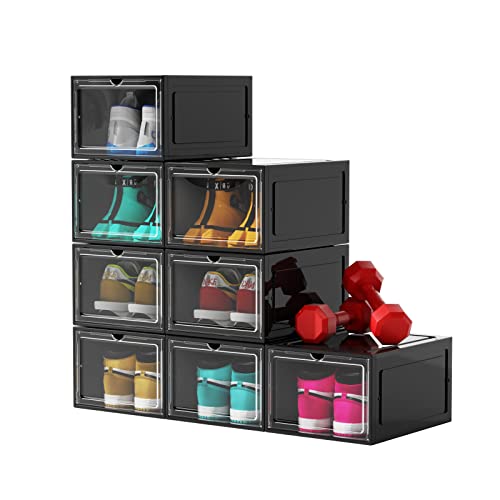 OKR Shoe Storage Box, 8 Pack Boxes Clear Plastic Stackable, Organizer with Magnetic Door, Containers and Sneaker for Men/Women, Fit up to US Size 12(13.4”x 10.6”x 7.5”)Black, Transparent