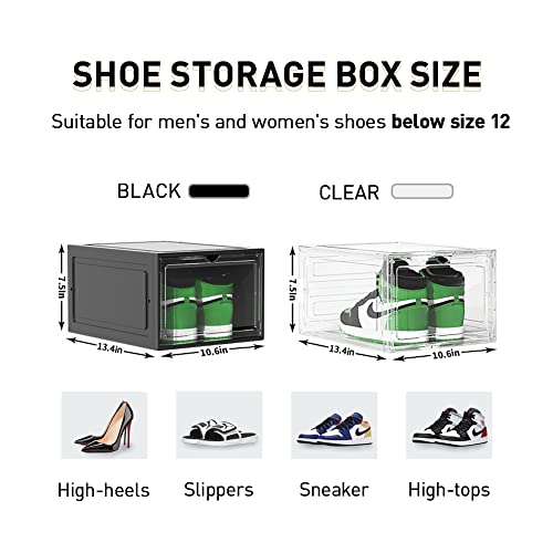 OKR Shoe Storage Box, 8 Pack Boxes Clear Plastic Stackable, Organizer with Magnetic Door, Containers and Sneaker for Men/Women, Fit up to US Size 12(13.4”x 10.6”x 7.5”)Black, Transparent