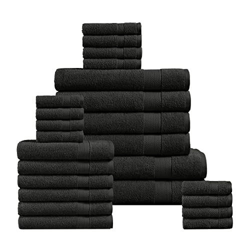 Lane Linen 24 Piece Bathroom Towels - 100% Cotton Turkish Towel Set, Quick dry, 2 Bath Towels Extra Large (Bath Sheet), 4 Bath Towels, 6 Hand Towel, 8 Wash Cloths for body and face,4 Bar Towel - Black