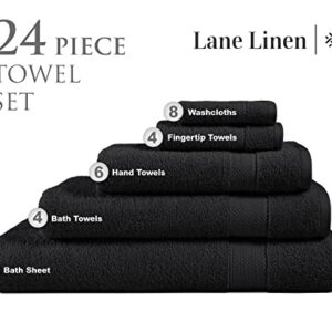 Lane Linen 24 Piece Bathroom Towels - 100% Cotton Turkish Towel Set, Quick dry, 2 Bath Towels Extra Large (Bath Sheet), 4 Bath Towels, 6 Hand Towel, 8 Wash Cloths for body and face,4 Bar Towel - Black